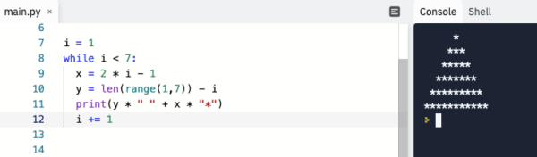 Übungsaufgabe zur for-Schleife in Python "Weihnachtsbaum"